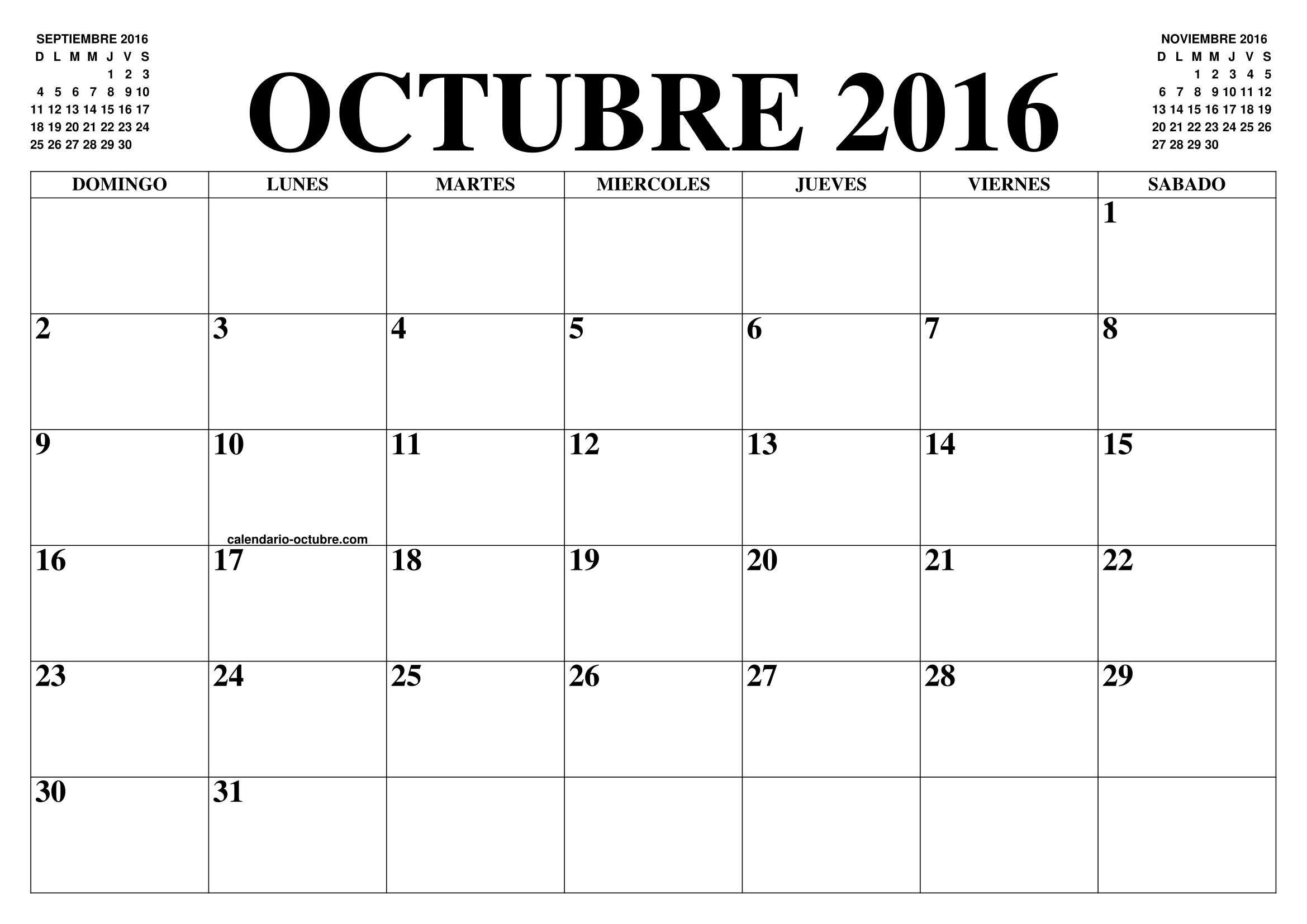 CALENDARIO OCTUBRE 2016 : EL CALENDARIO OCTUBRE PARA IMPRIMIR GRATIS - MES Y ANO AGENDA